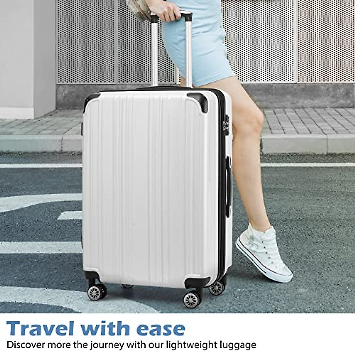 Coolife Luggage Expandable 5 Piece Sets PC+ABS Spinner Suitcase 20 inch 24 inch 28 inch (white grid new)
