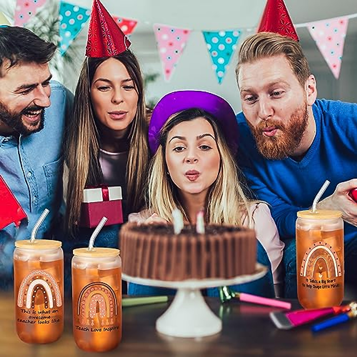 Pinkunn 6 Set Teacher Appreciation Gifts Thank You Teacher Gifts for Women Glass Cups 16oz with Lids Straws Brushes, Teacher Week Gifts Cups Teacher Practitioner Gifts, 6 Styles(Colorful Rainbow)