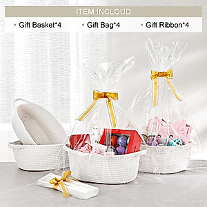 4 Pack Small Woven Basket with Handles, All 12"x 8"x 5", Cotton Rope Room Shelf Storage Basket, Cat Toys, Cute Baby Gift Basket with Gift Bags and Ribbons for Nursery, Empty Decorative Gift Chest Box