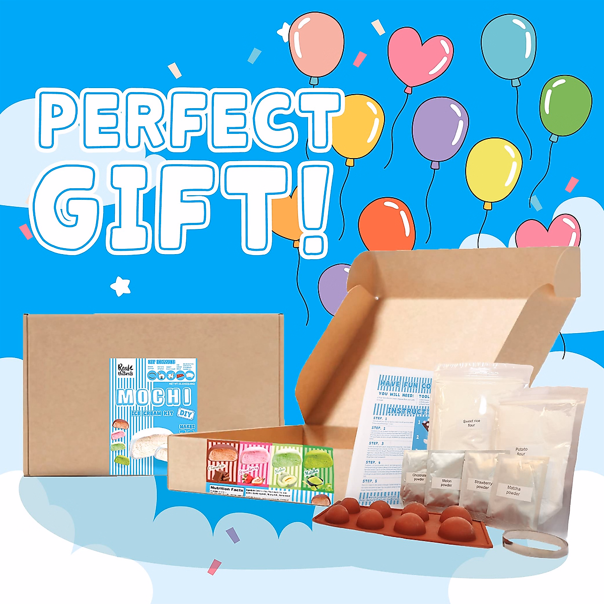 Mochi Ice Cream Kit DIY food kit Mochi maker (Makes 4 flavors: Chocolate, Matcha, Strawberry, Melon) Includes Japanese Mochi flour & tools. Gifts for foodies daifuku Japanese desert snack foods. Makes 32 Mochis