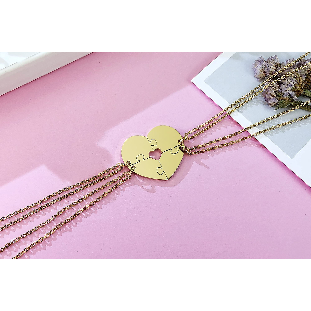 MEALGUET Personalized Name Initial Stainless Steel Heart Shape BFF Puzzle Pendant Necklace 2/3/4/5 Pieces for Family Lover Best Friend Soulmate Matching Necklace Set customized19 Chain