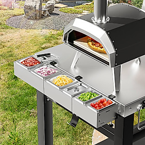 Pizza Topping Station Stainless Steel, 6 Seasoning Containers with Lid, Condiment Tray for Prepping Toppings, Pizza Oven Accessories, Grill Table Cart Topping Station, C-Clamp for Different Tabletop