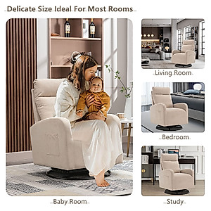 GNIXUU Rocking Chair, Swivel Gliding Nursing Chairs, Glider Rocker with Side Pocket for Nursery, Living Room, Baby Room, Bedroom, Beige Polyester Fabric