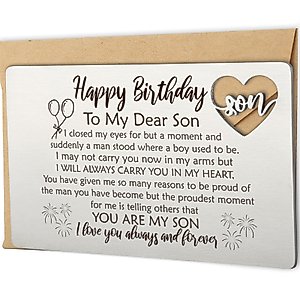 YODOCAMP Happy Birthday Son Gifts, Son Birthday Card from Mom, Metal Engraved Greeting Card for Son Birthday, Son Wallet Insert Card from Parents