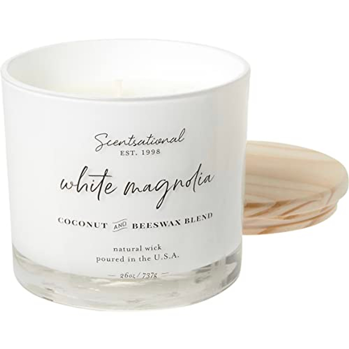 Natural Coconut + Beeswax Scented Candle White Magnolia (in Cursive) XL White Jar with Wooden Lid, 26 Oz.