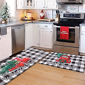 INFISIBLE Black and White Buffalo Plaid Christmas Kitchen Rugs, Non Slip Anti Fatigue Kitchen Mats Set of 2, Red Truck Christmas Decorations Cushioned Kitchen Rug for Floor and Sink
