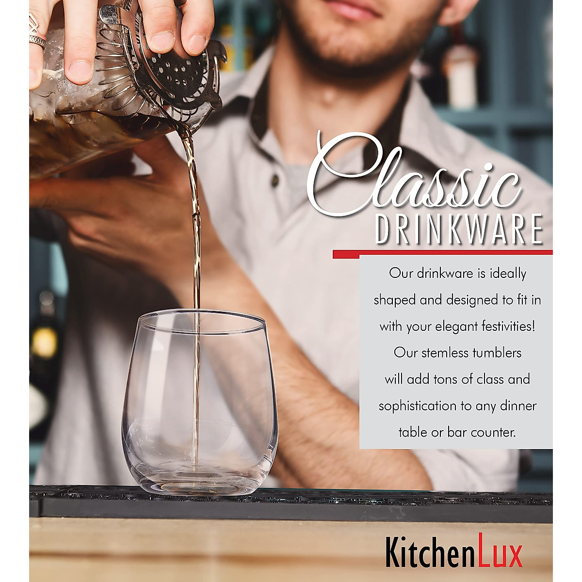 Kitchen Lux 12oz Drinking Glass Tumbler – Set of 4 – Premium Clear Glasses For Wine, Shots, Cocktails, Scotch and All Purpose Drinking Cups – Elegant Stemless Design – Dishwasher Safe