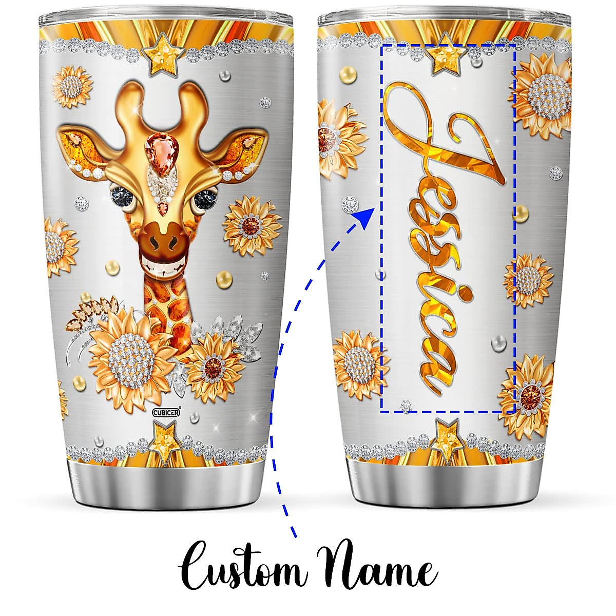 CUBICER Personalized Coffee Tumbler Giraffe Jewelry Style Custom Name Birthday Gifts For Women Girls Mom Grandma Kids Insulated Cup Travel Mug With Lid Cute Stainless Steel Cups