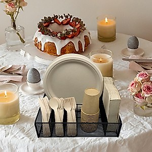 DysanVica Metal Paper Plate Dispenser - Utensil Holder for Kitchen Counter Cabinet Silverware Caddy Cutlery Flatware Organizer Storage Box for Plastic Spoon Fork Plates Napkins Cup Party Camping Black