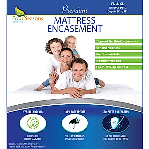 Full Extra Long (XL) Mattress Protector (8"-11" Depth) Waterproof Zippered Encasement Premium Quality Bed Cover Protects Against Dust White