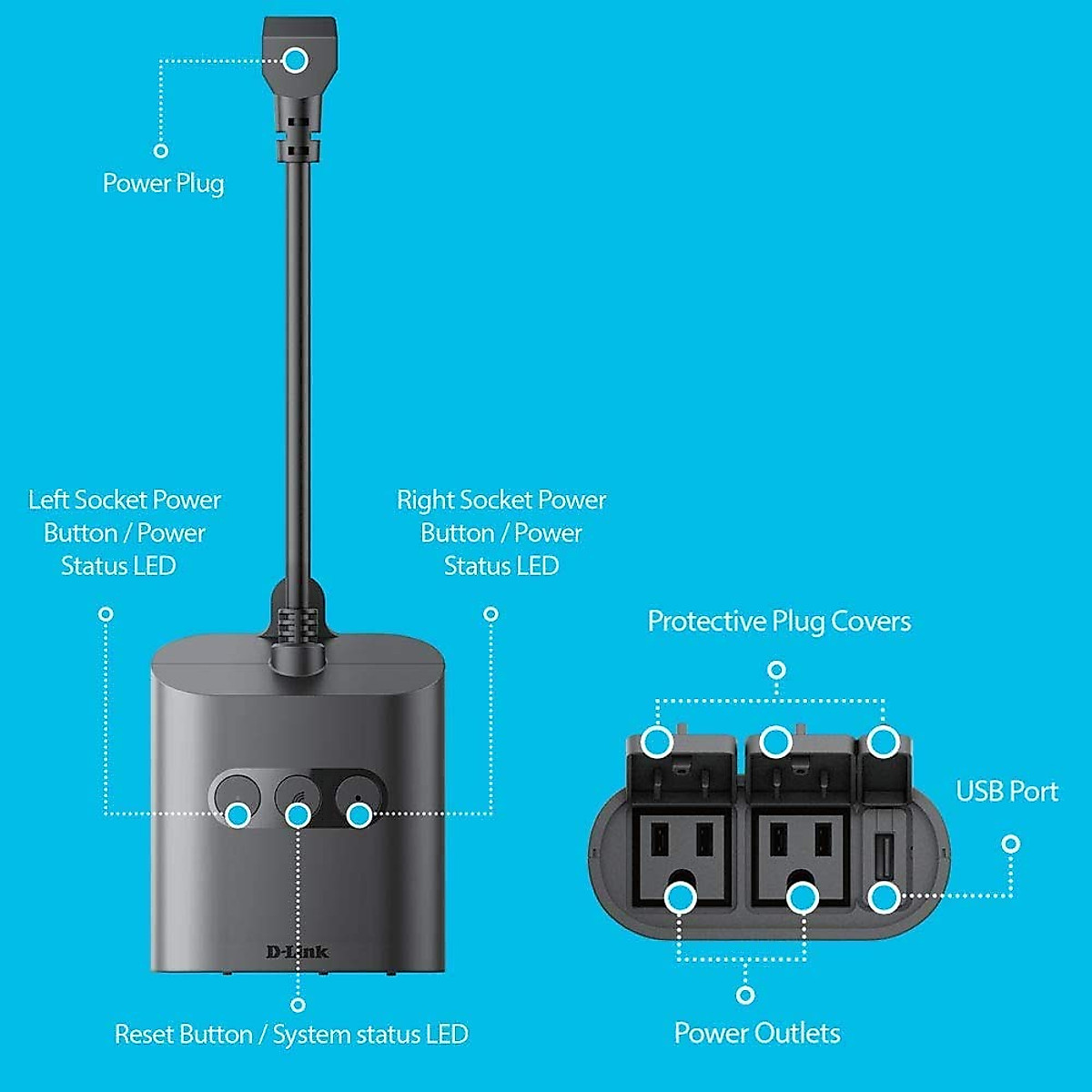 D-Link Wi-Fi Smart Outdoor Plug with 2 Outlets and 1 USB Port, No Hub Required, Works with Google Assistant (DSP-W320-US) , Black