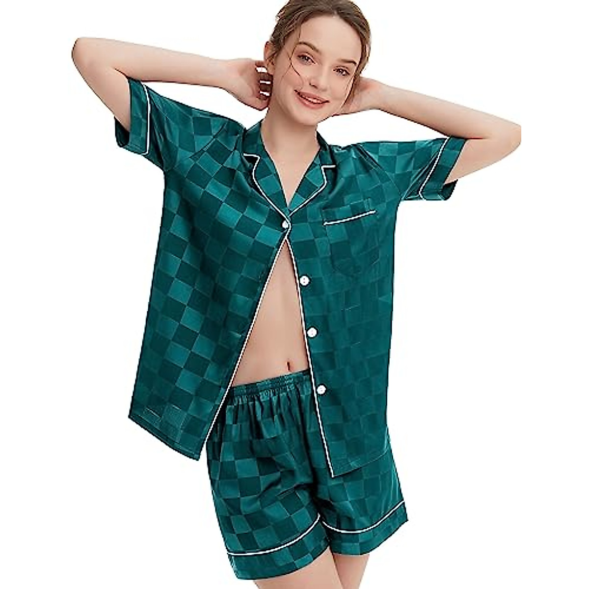 SWOMOG Women's Silk Satin Pajamas Set Short Sleeve Sleepwear Button Down Loungewear Checker Top and Shorts 2 Pcs Pjs