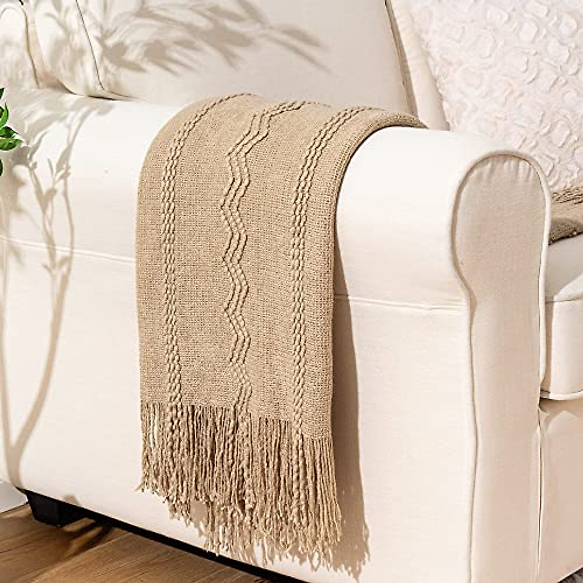 BATTILO HOME Tan Throw Blanket for Bed, Boho Decorative Tan Blanket for Couch, Taupe Throw Blanket for Home Decor, 50"x60"