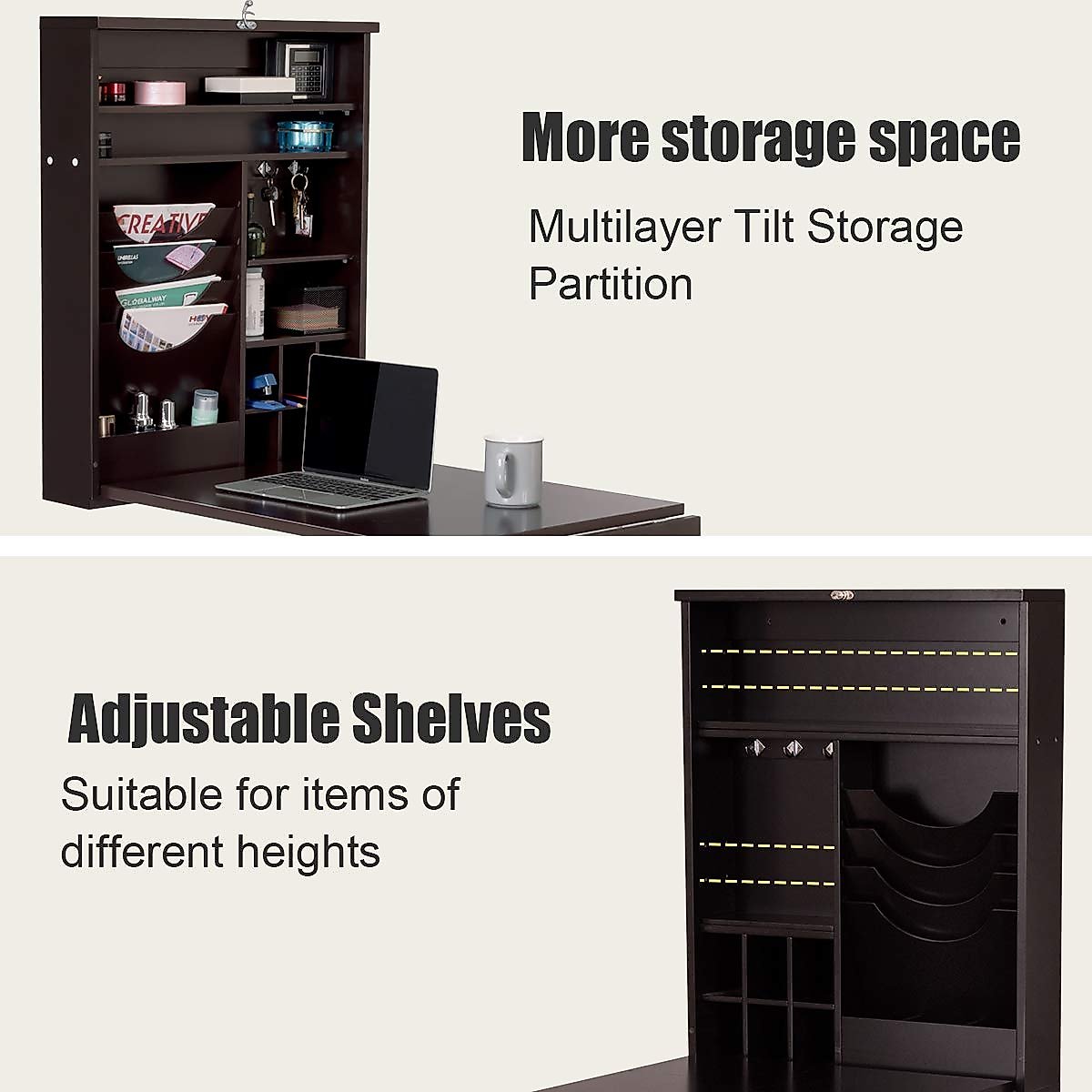 Tangkula Wall Mounted Desk, Floating Desk with Chalkboard, Space Saving Fold Up Wall Convertible Desk, Multi-Function Wall Mounted Table with Storage Shelves & Hooks（No Assembly Required）