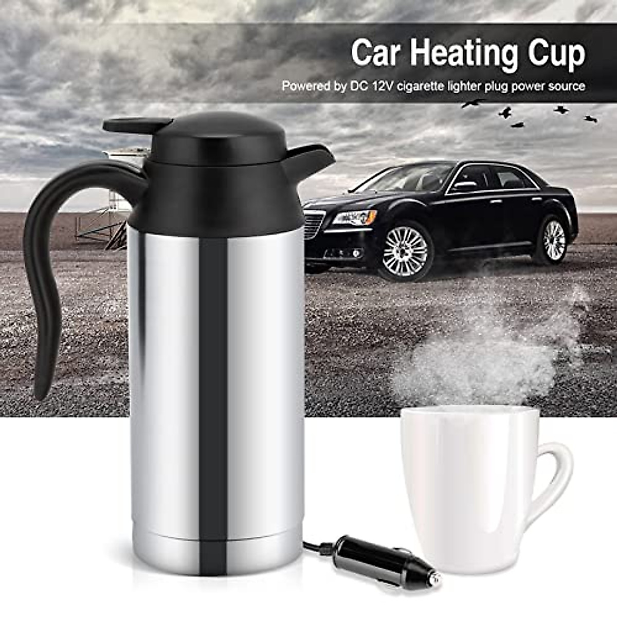 Car Kettle Electric Kettle Camping 12V 750ml Coffee Maker Water Boiler Portable Travel Car Truck Kettle Hot Water Heater Bottle for Tea Coffee Making Cigarette Lighter Heating Cup, 120W