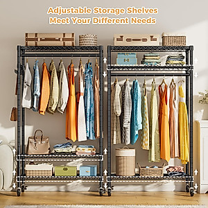 TONNSO T03-P Rolling Garment Rack Heavy Duty Clothes Rack for Hanging Clothes, Portable Closet Wardrobe with Wheels and Side Hooks, Adjustable Freestanding Metal Clothing Rack with Shelves, Black