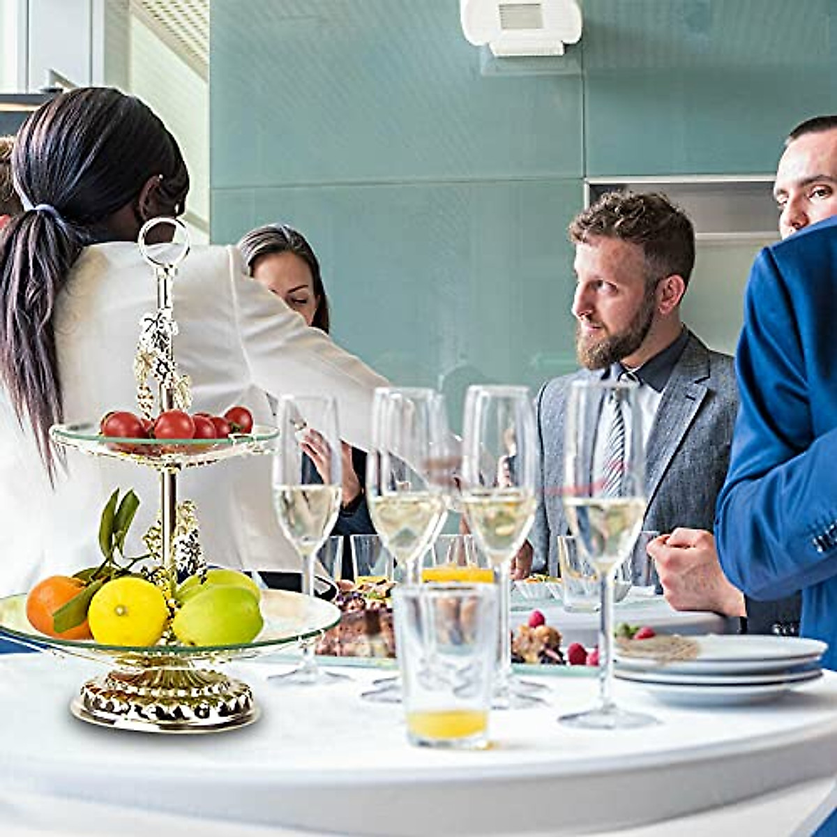 2 Tier Elegant Glass Cake Stand Cupcake Tray Multifunctional Tower Dessert Fruit Plate Holder Table Decor for Restaurant Buffet Bar Picnic Party Festival Afternoontea Silver