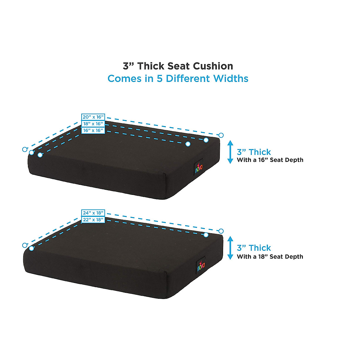 NOVA Gel & Memory Foam Seat & Wheelchair Cushion in 8 Sizes (from 16” x 16” to 18” x 24” Extra Wide), Comfortable & Durable Everyday Seat Cushion with Removable Water Resistant Cover, 2” or 3” Thick