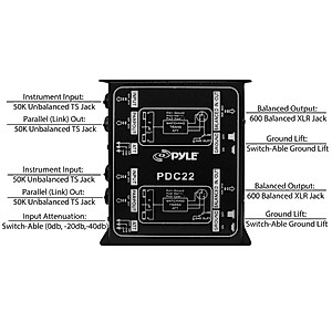 PYLE-PRO Premium Direct Injection Audio Box - Passive DI Unit Hum Eliminator w/ Input Attenuator to Connect Guitar & Bass - 1/4 Inch Impedance Transformer Connector to Balanced & Unbalanced XLR-PDC22 , Black