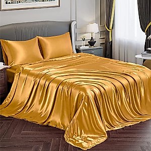 4 Piece Satin Sheet Set Bedding Set Full Size Bedding Set 4 Piece Gold Durable & Soft (Flat Sheet + Fitted 18'' + 2 Pillowcases) Bedding Satin Sheets