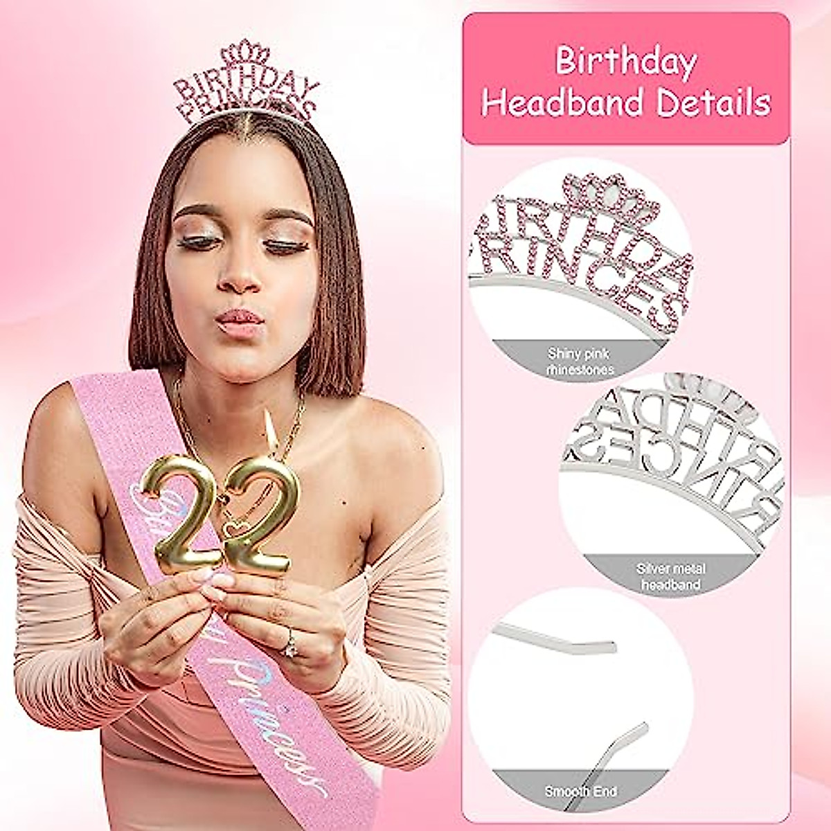 Ondder Birthday Sash for Women Pink Birthday Princess Crown Birthday Tiara for Girls Birthday Girl Headband Happy Birthday Party Supplies Birthday Girl Glitter Sash Birthday Headband Birthday Decorations