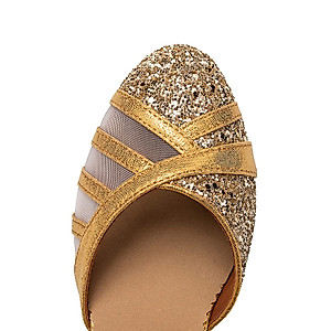 HIPPOSEUS Women's Closed Toe Latin Ballroom Dance Shoes Gold Sequin Salsa Tango Scocial Practice Dancer Shoes 3 inch heel,Model 105,8.5 B(M) US