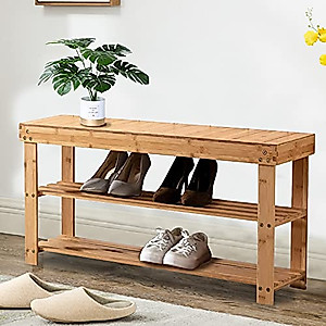 Bonzy Home Shoe Rack Bench Storage Organizer 3 Tier Entryway Shoe Storage Rustic Bamboo Shoe Rack for Entryway Bedroom Bathroom Living Room Hallway, Natural