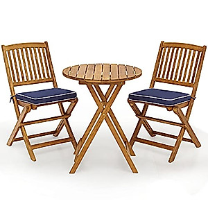 HAPPYGRILL 3-Piece Patio Bistro Set Table & Chair with Cushions Foldable Wooden Furniture Chairs and Coffee Table for Outdoor Balcony Garden Backyard