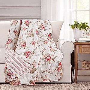 Cozy Line Home Fashions Romantic Cottage Peachy Pink Peony Shabby Chic Chintz Floral Stripe Cotton Décor Throw Blanket (Set of 1)
