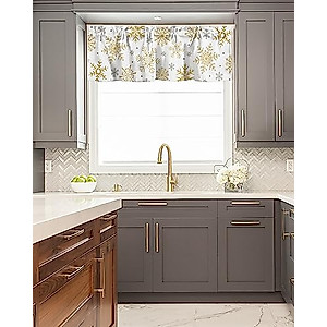 Winter Snowflake Kitchen Curtain Valance for Window Gold Grey Geometric on White 60x18In Rod Pocket Valances Short Curtains Window Treatment for Living Room Bathroom Bedroom Cafe Decor Wave Point