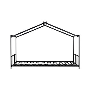 PVWIIK Twin Size Montessori Toddler Floor Bed with Headboards and Footboards, Metal House-Shaped Bed Frame with Soundproof Strip for Girls and Boys, Kids Playroom, No Box Spring Needed (Black)