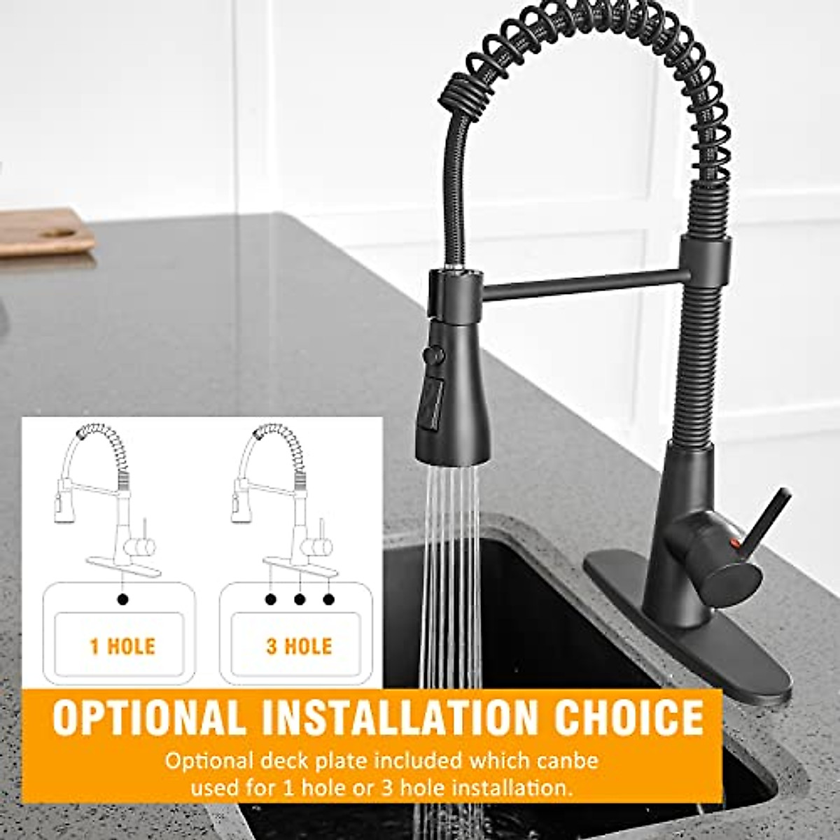BESy Kitchen Faucet with Pull Down Sprayer, High-Arc Single Handle Single Lever Spring Rv Kitchen Sink Faucet with Pull Out Sprayer, 3 Function Laundry Faucet with Cover Plate, Matte Black