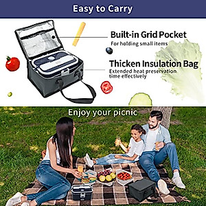 Timilon Electric Lunch Box Food Heater 60W Food Warmer Portable Self Heating Lunch Box for Car/Truck/Home with 1.8L Removable Stainless Steel Container Fork & Spoon (White+Dark Blue)