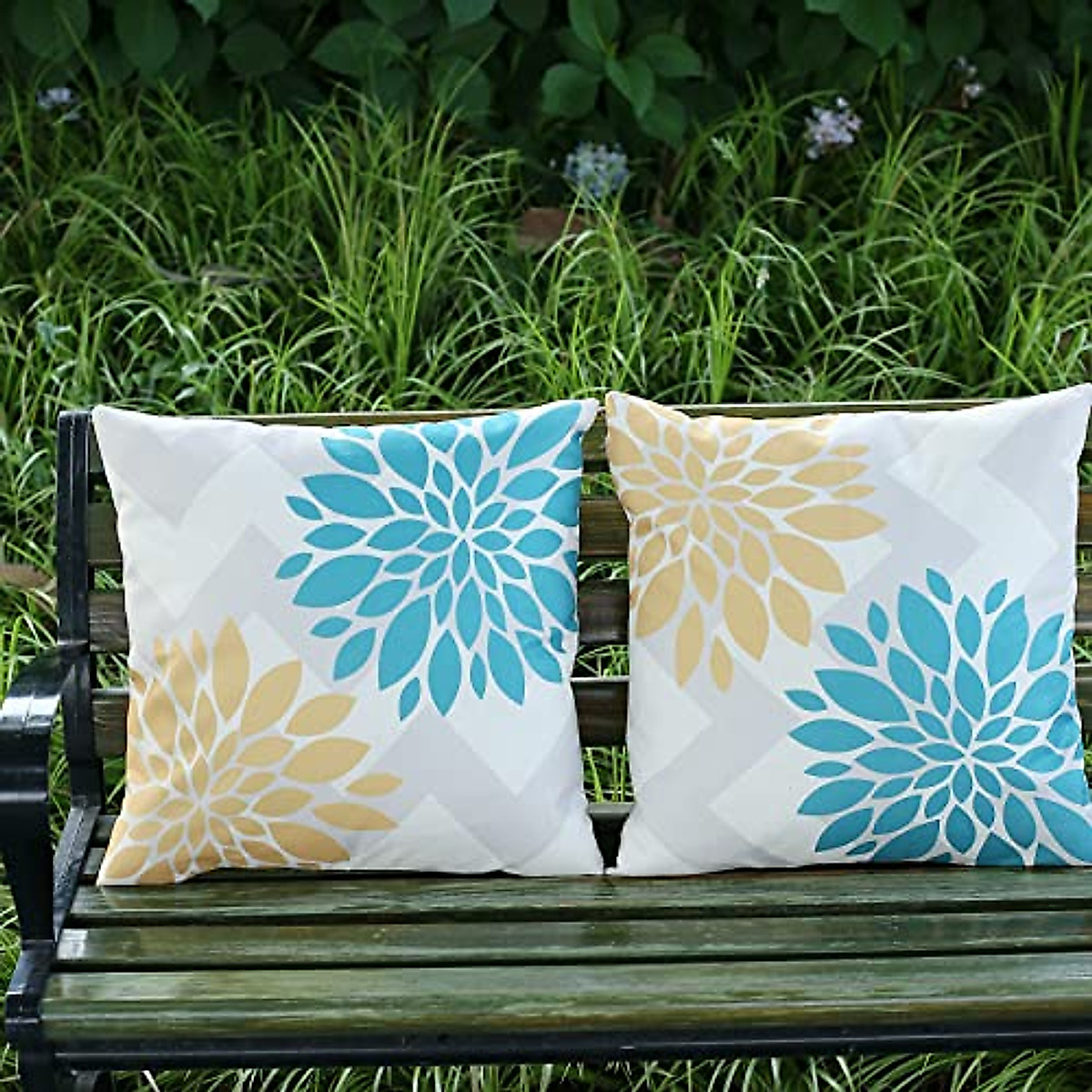 Outdoor Waterproof Throw Pillow Covers 18x18 Inch Teal and Yellow Dahlia Flower Outdoor Decor Accent Pillows for Patio Furniture Set of 2