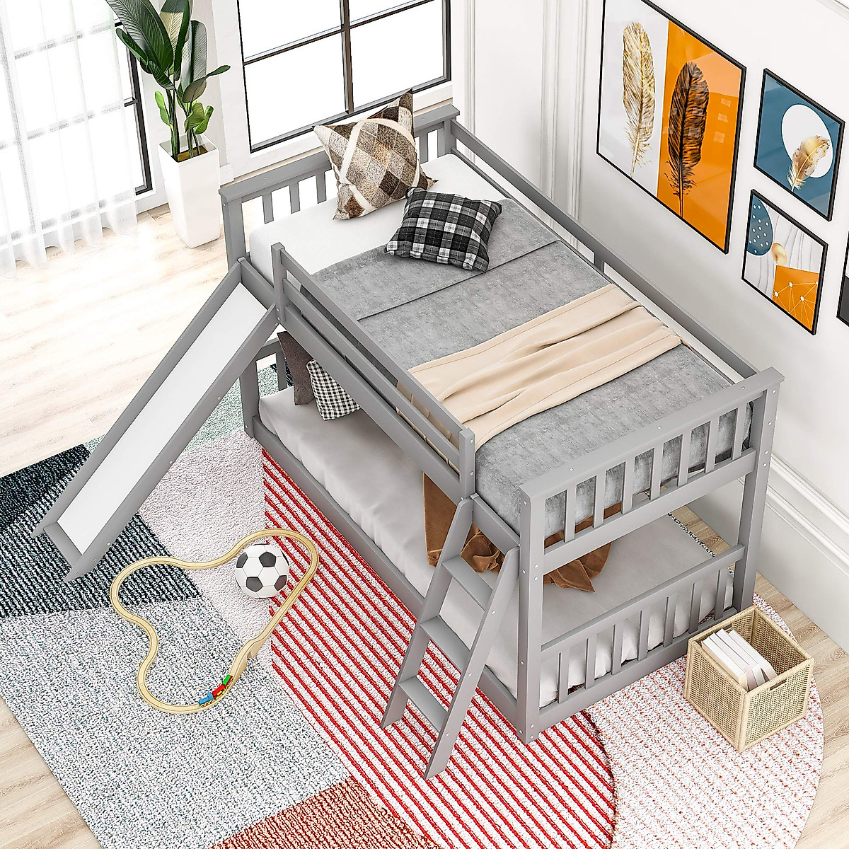 Harper & Bright Designs Low Bunk Bed for Kids, Solid Wood Twin Over Twin Floor Bunk Bed with Slide and Angle Ladders, Twin Bunk Bed for Kids Toddlers Teens (New, Gray)