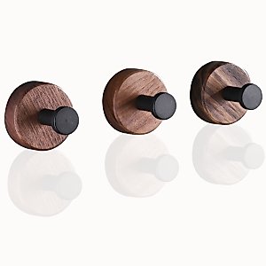 FunViet Adhesive Wooden Wall Hooks for Hanging,3-Pack Modern Coat Hooks,Farmhouse Natural Dark Walnut Wood Hooks for Hanging Hats Towels Robe Clothes Keys Bags...