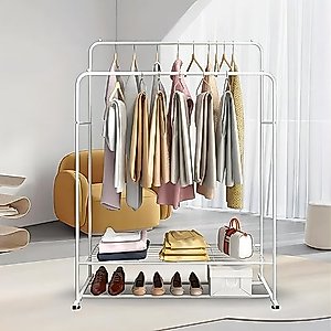 Xshelley Garment Rack Freestanding Clothing Rack Hanger Double Pole Multi-functional Bedroom Clothing Rack, Heavy Duty Metal Clothing Garment Rack with Shelves (White)