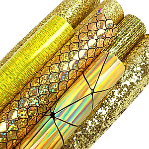 Yuanchuan 7Pcs/Set 8.3" x 12"(21cm x 30cm) A4 Bundle Leather Sheets Mixed Green Series Holographic Sparkle Fine Chunky Glitter Faux Leather Fabric Bow Earrings Making DIY Craft (Green Series)