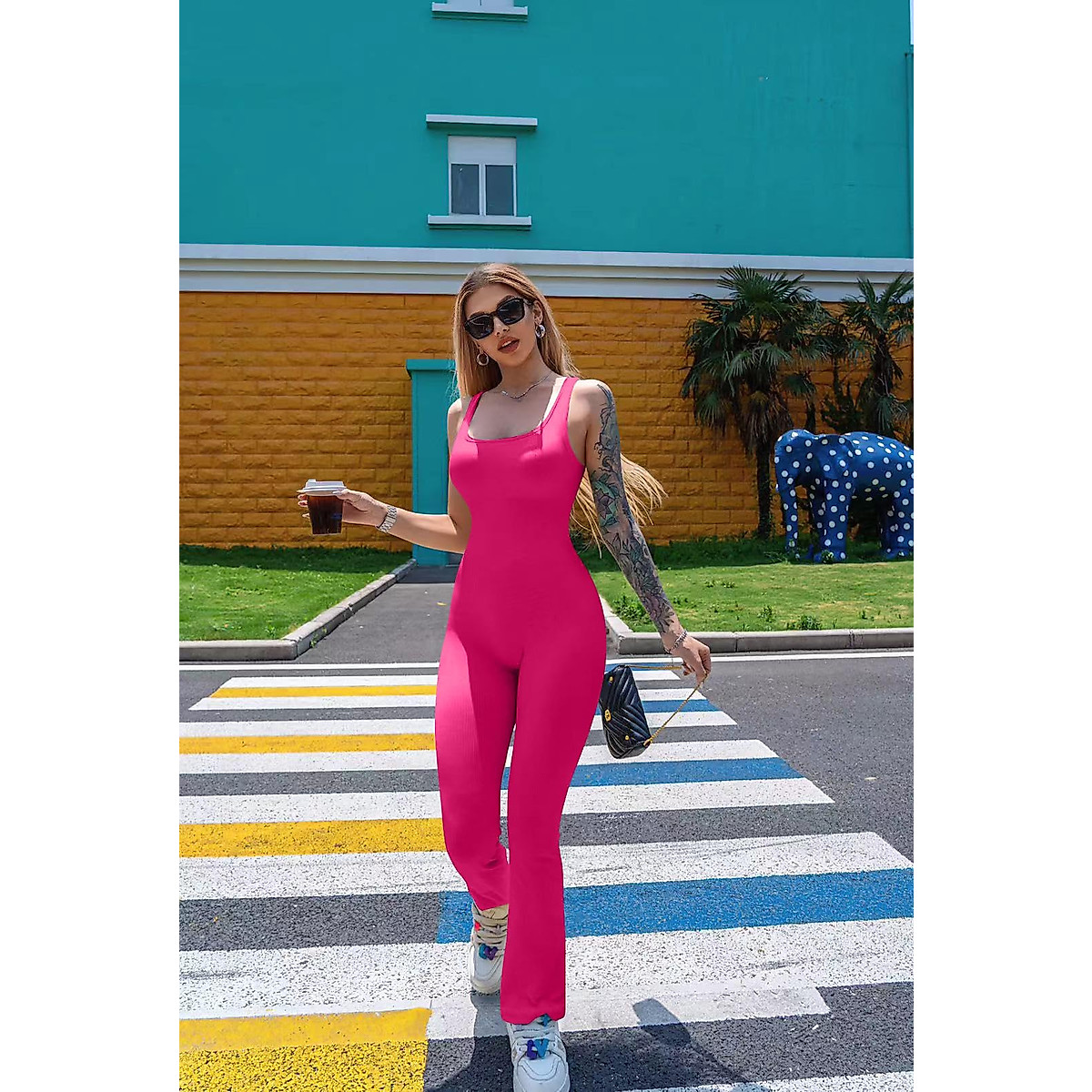 OQQ Women‘s Yoga Jumpsuits Ribbed Workout Sleeveless Tank Tops Bell Bottoms Flare Jumpsuits Rose3