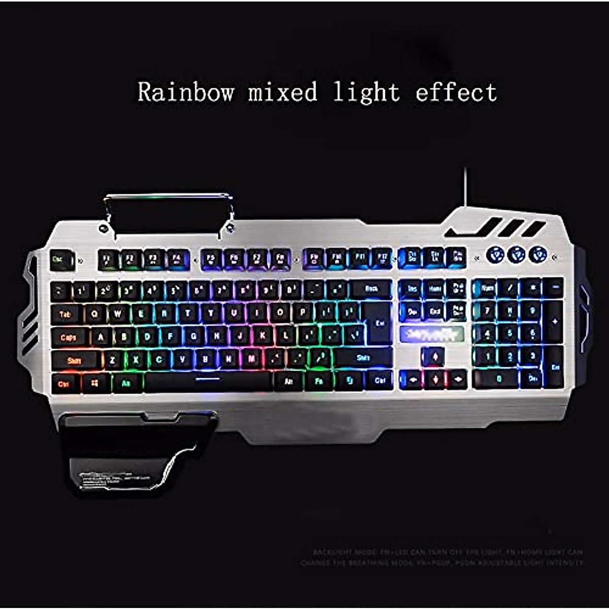 MUMUJJ Computer Gaming Mechanical Keyboard, 7-Color Rainbow Backlit Effect, with Mobile Phone Holder, Multimedia Shortcuts, Black