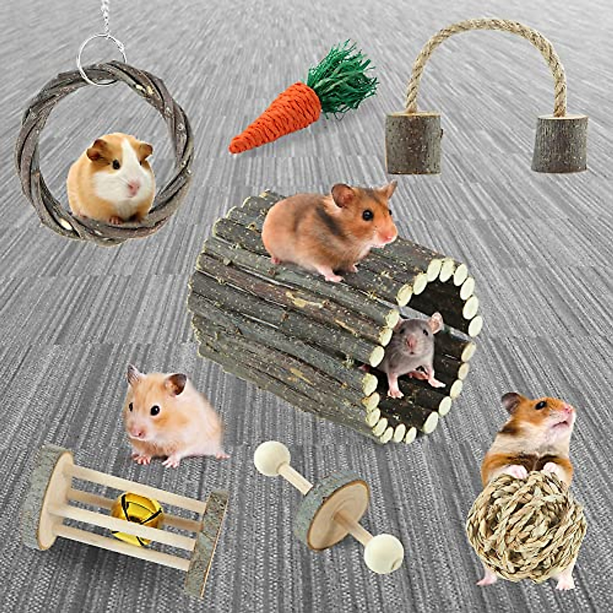 YIXUND Hamster Toys Rat Toys Chinchilla Toys Hamster Chew Toys Cage Accessories Apple Wood Sticks Ladder Bell Roller for Gerbil Guinea Pigs and Other Small Animal