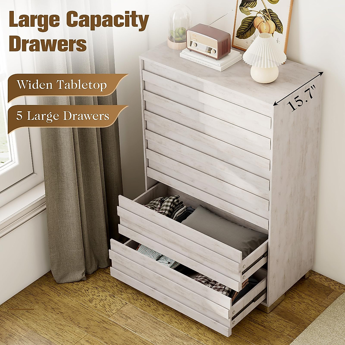 Albott Farmhouse 5 Drawers Dresser, Wood Rustic Chest of Drawers for Bedroom, Tall Dressers Organizer with Hidden Handles for Living Room, Hallway, Entryway, Distressed White