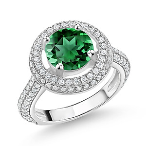 Gem Stone King 2.32 Cttw Nano Emerald and White Moissanite Engagement Ring For Women In 925 Sterling Silver | Round 8MM | Available In Size 5, 6, 7, 8, 9