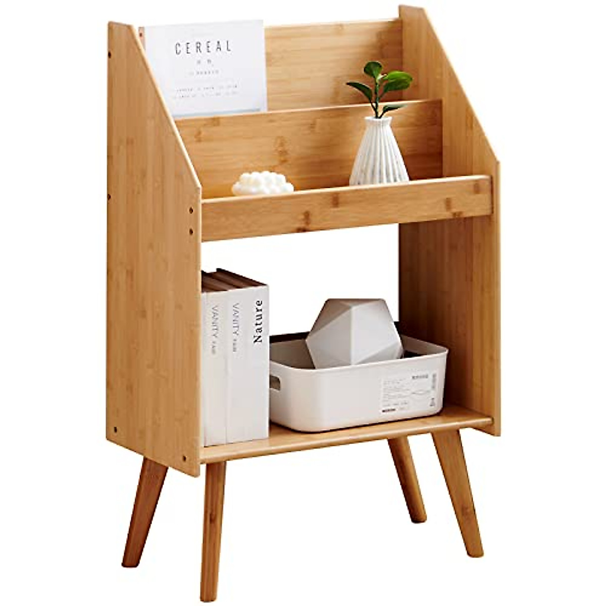 AbocoFur Bamboo Floor Book and Magazine Display Shelf, 20.67"(L) x10.63(W) x30.71(H), Multifunction Free Standing Organizer Storage Rack, Small Bookcase for Home, Office, Burlywood