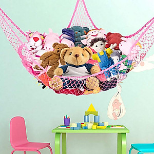 Toy Storage Hammock Net Wall Sling Corner Mesh Nets Stuffed Animal Organizer Storage Net Best for Keeping Rooms Clean for Kids Toys Toy is Durable and Easy to Install Pink