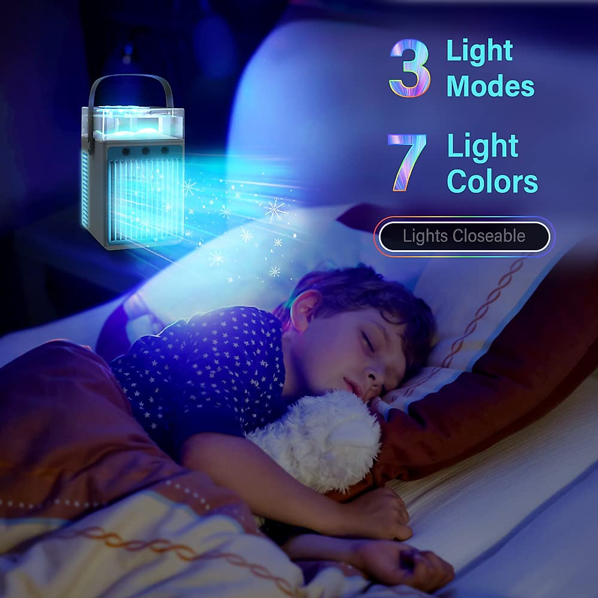 Thehomeuse Portable Air Conditioner Fan, 3in1 Personal Mini Cooler, Small Evaporative Cooler with LED Lights, Quiet Desktop Cooling Fan for Office, White