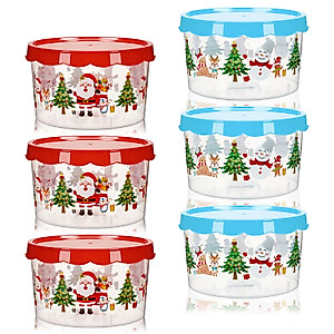 Sliner 6 Pcs Christmas Cookie Containers Holiday Plastic Cookie Storage Buckets with Lids Santa Claus Snowman Cookie Containers Red and Blue Reusable box for Holiday Candy Snacks