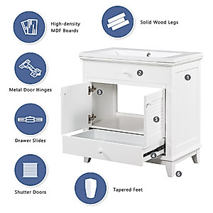 30 Inch Bathroom Vanity Base Only, Storage Cabinet with Doors and Drawer, Solid Wood Frame, White