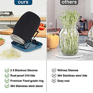 Anrialfu Sprouting Jar Growing Kit, Seed Sprouting Wide Mouth Mason Jars Kit with 2 Stainless Screen Lids, Tray, Stand, Blackout Sleeves, Broccoli Sprouts Growing Kit for Growing Bean Sprouts (NO JAR)