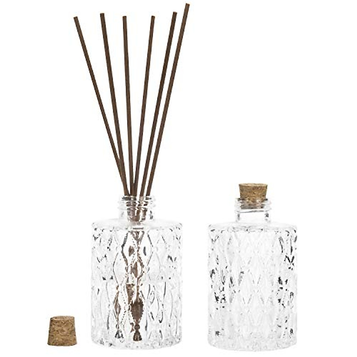 MyGift Small Clear Glass Reed Diffuser Bottles, Vintage Embossed Apothecary Style Flower Bud Vases with Cork Lids, Set of 2